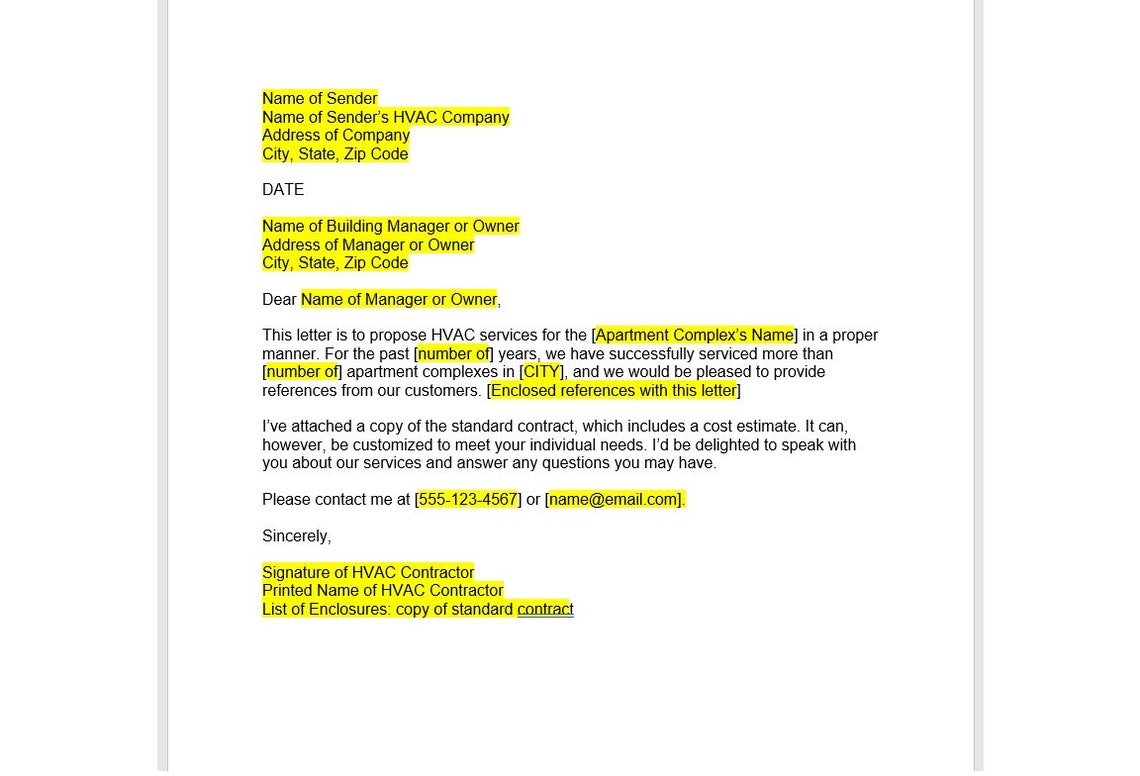 Editable Template, HVAC Job Proposal, Hvac Proposal Letter Template ...