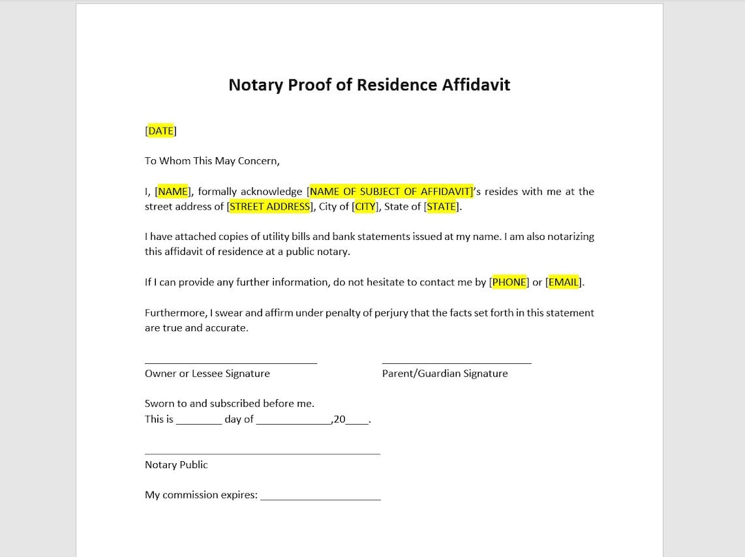 Notary Proof of Residence Form, Proof of Residence Form Template, Proof ...