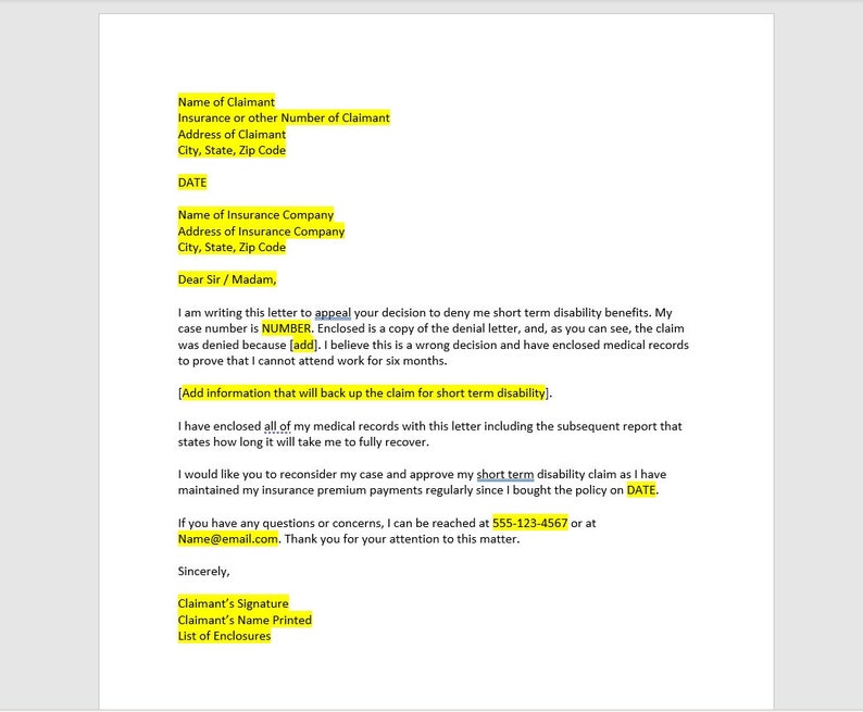 Short Term Disability Appeal Letter Template Prntbl