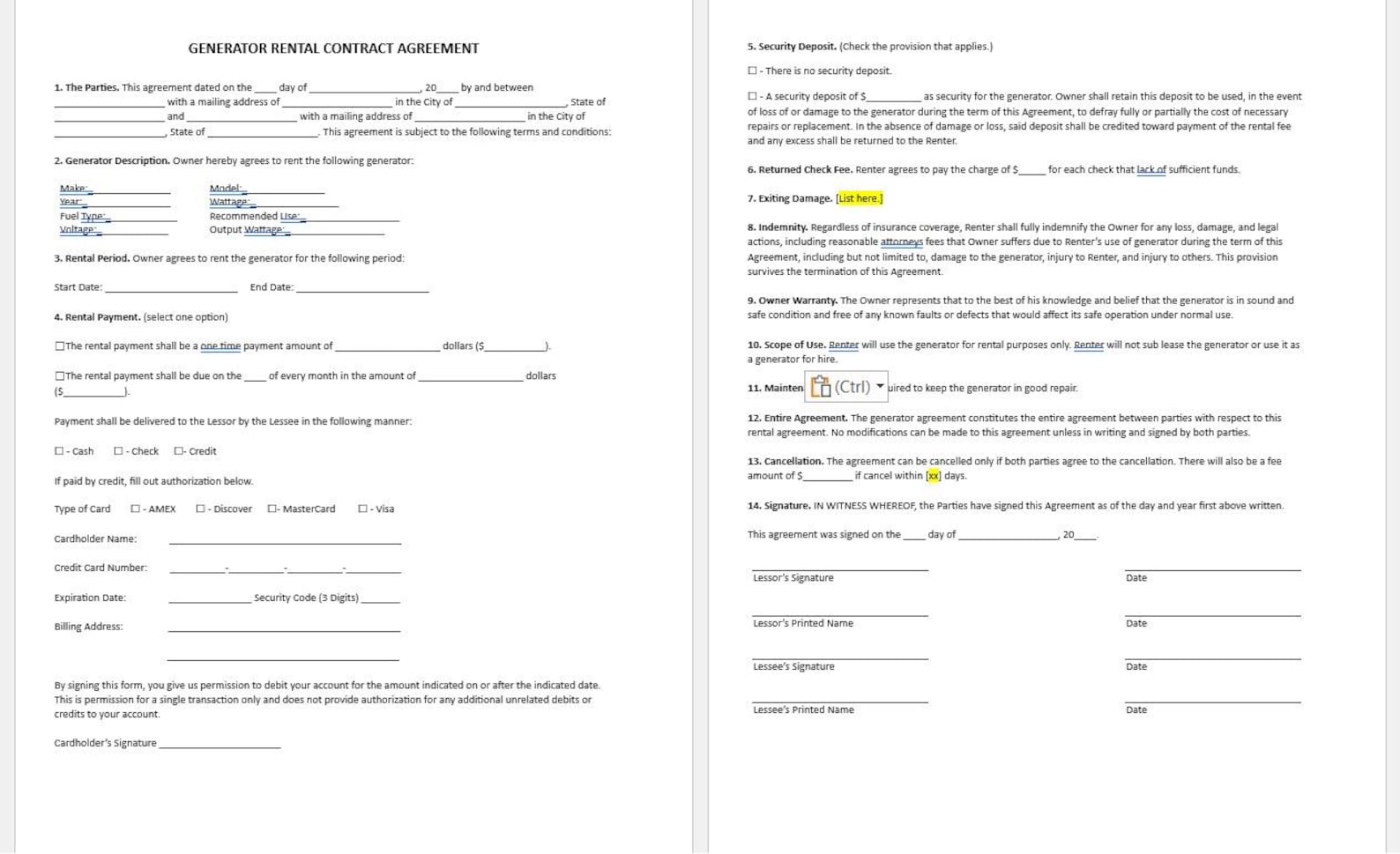Editable Generator Rental Contract Agreement, Generator Rental Contract ...
