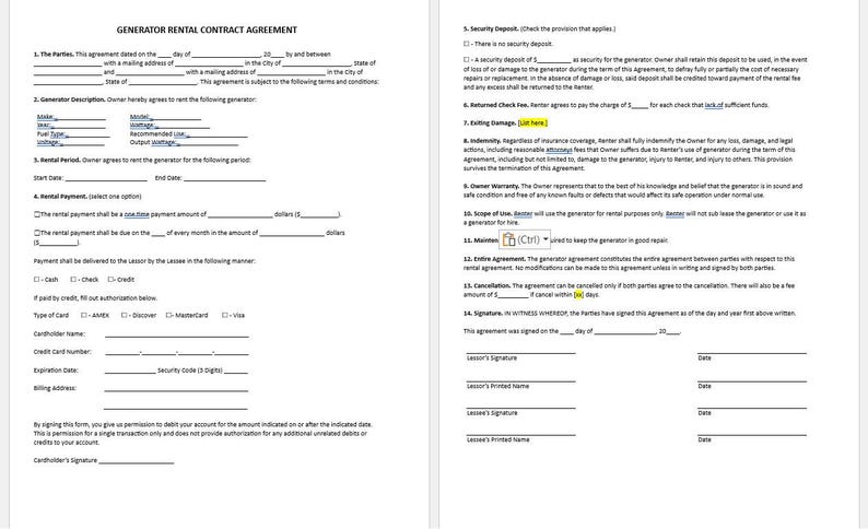 Editable Generator Rental Contract Agreement, Generator Rental Contract ...