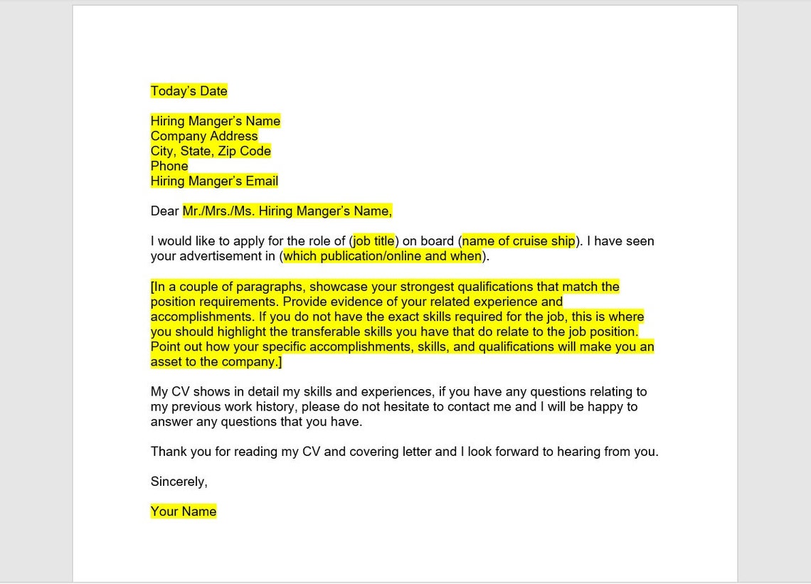 Cruise Ship Job Cover Letter, Cover Letter Template, Editable Cover ...