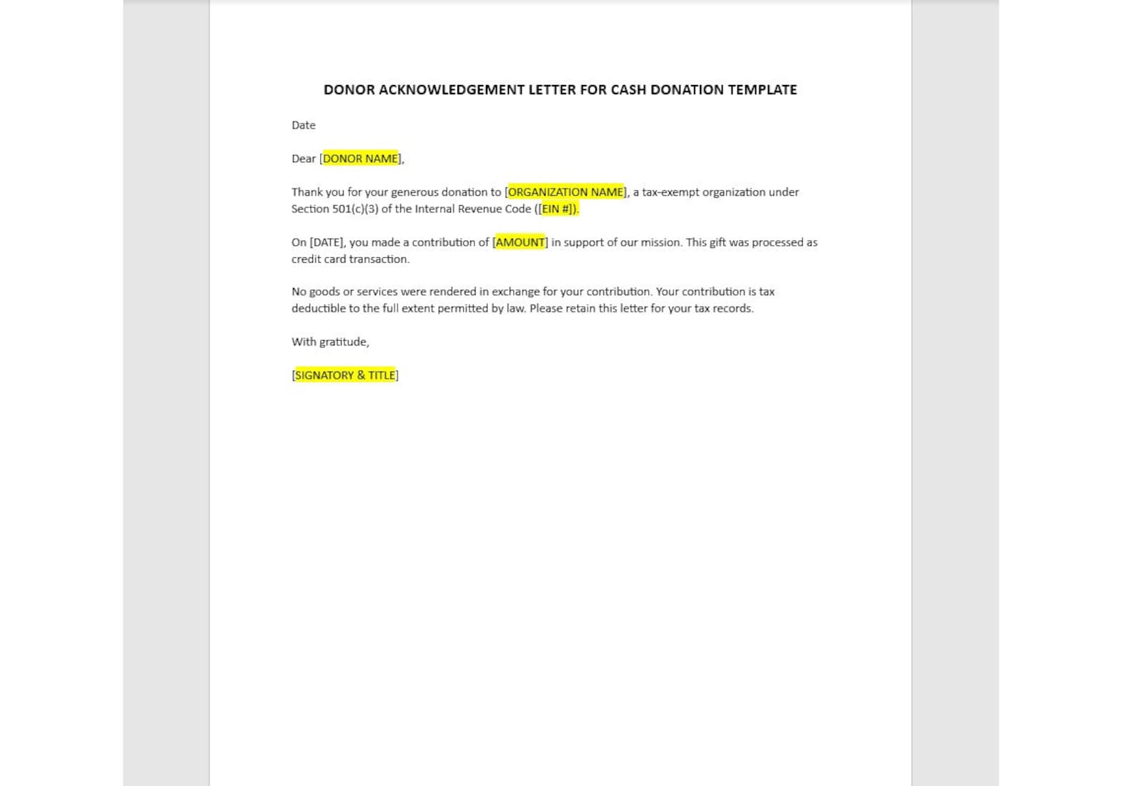 Editable Donor Acknowledgement Letter Template, Donor Acknowledgement ... Editable Donor Acknowledgement Letter Template, Donor Acknowledgement ...