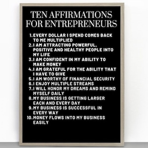 Ten Affirmations for Entrepreneurs, Motivational Print, Inspirational ...