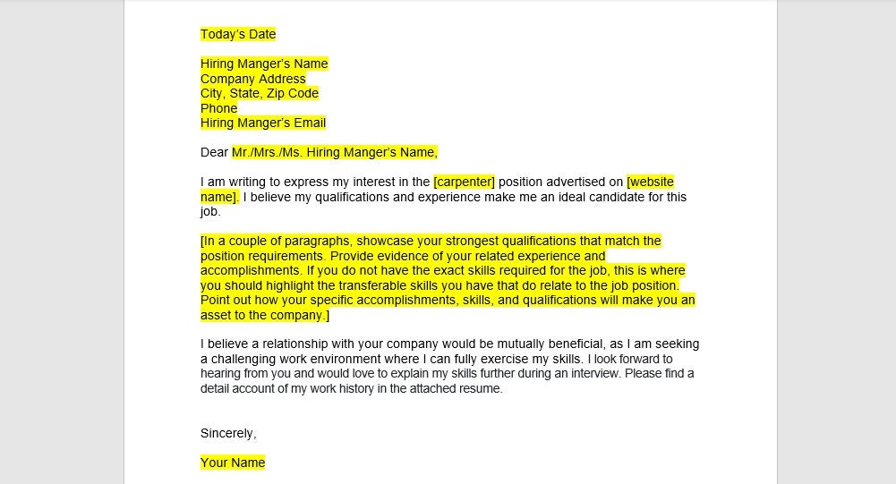 Carpenter Cover Letter, Carpenter, Cover Letter Template, Editable ...