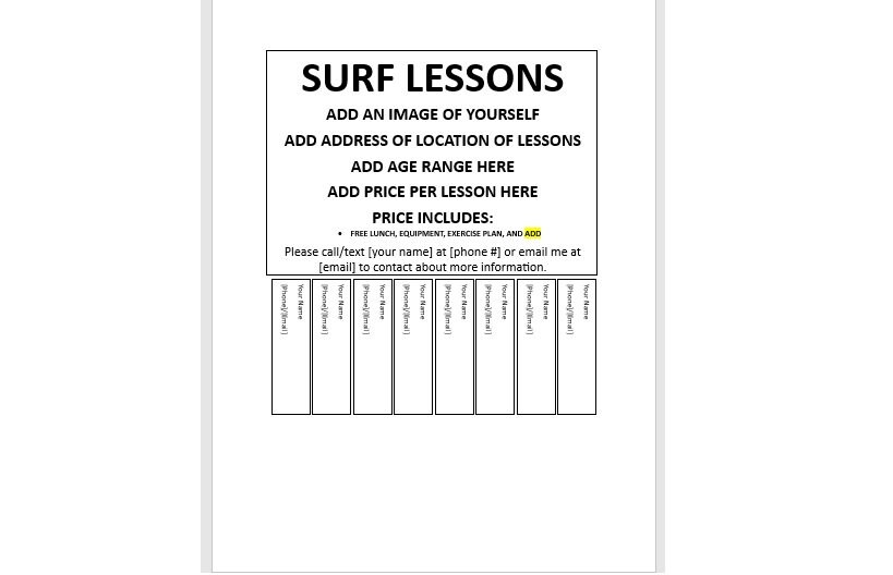 Editable Surf Lessons Tear-off Flyer, Surf Lessons Tear-off Flyer ...