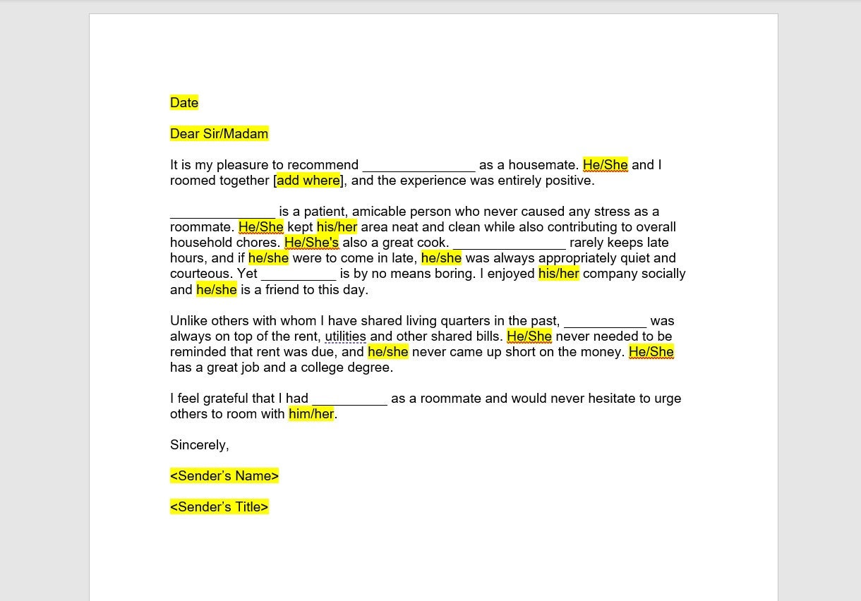 Housemate Reference Letter Template, Housemate Reference Letter ...