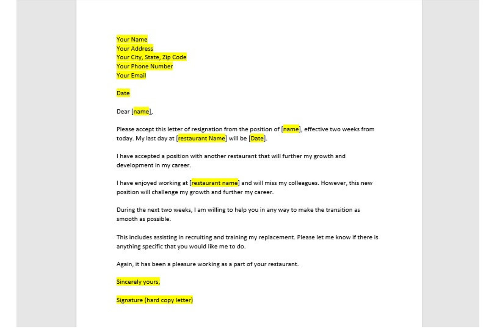 Restaurant Manager Resignation Letter, Restaurant Manager Letter ...
