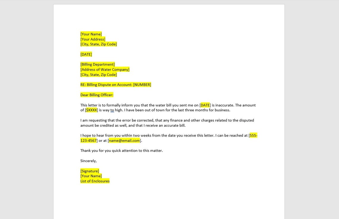 Water Bill Dispute Letter Template, Water Bill Dispute Letter, Dispute ...