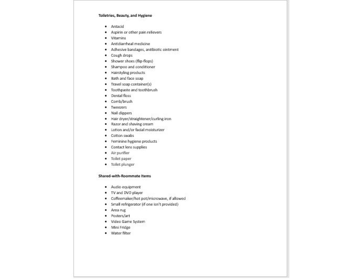 Editable Dorm Room Checklist, First Dorm Room Checklist, College Dorm ...