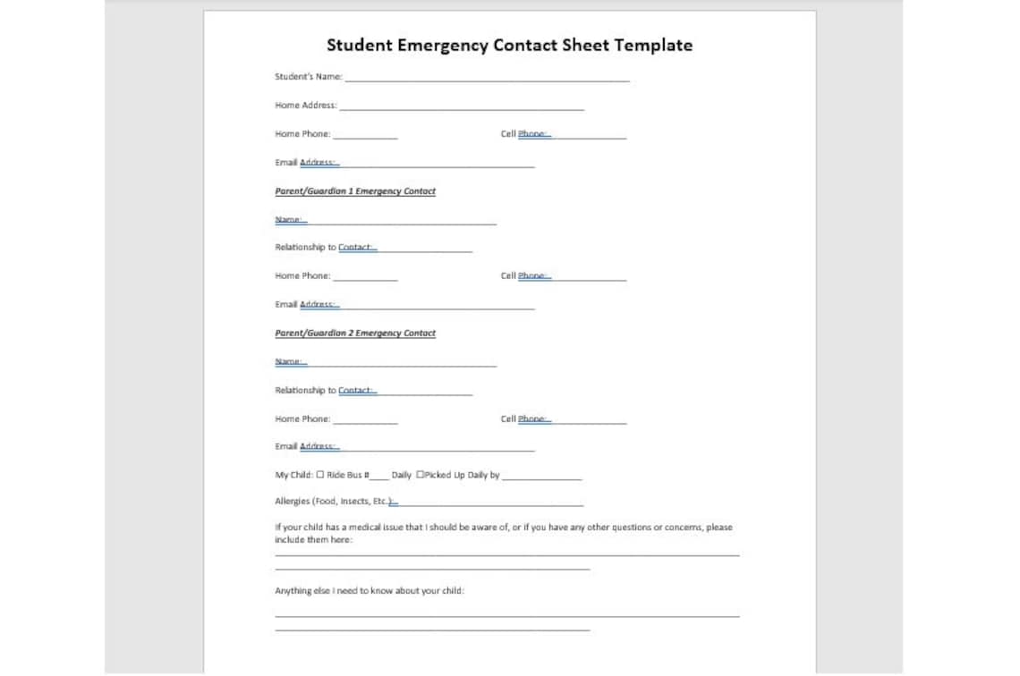 Student Emergency Information Template, Student Emergency Information ...