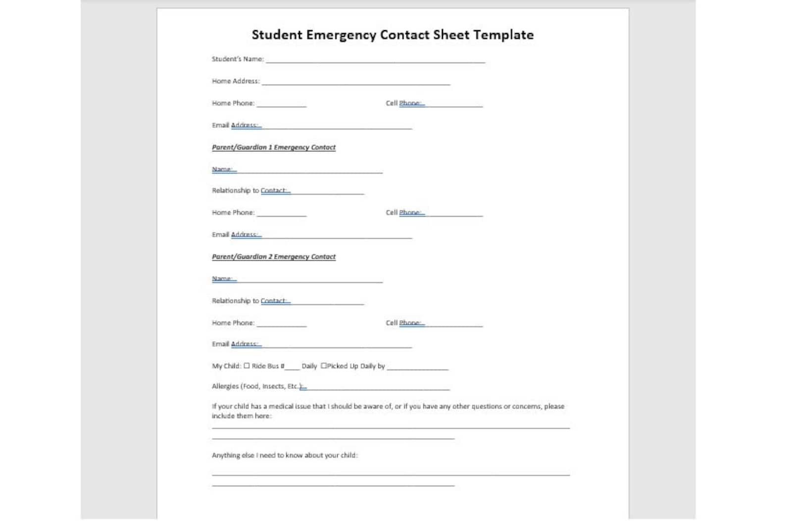 Student Emergency Information Template, Student Emergency Information ...