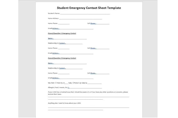 Student Emergency Contact Form Student Information Form | Student