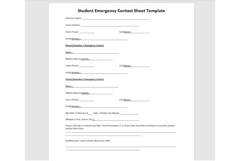 Student Emergency Information Template, Student Emergency Information ...