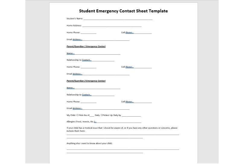 Student Emergency Information Template, Student Emergency Information ...
