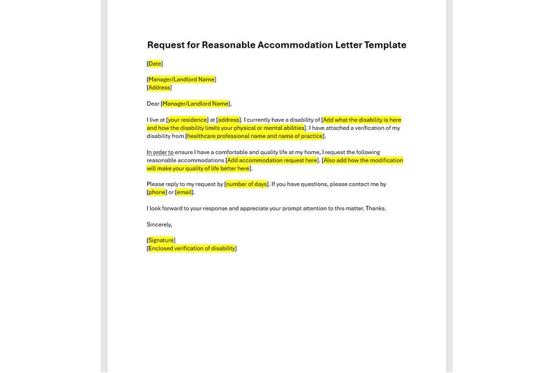 Request for Reasonable Accommodation Letter Template, Accommodation ...