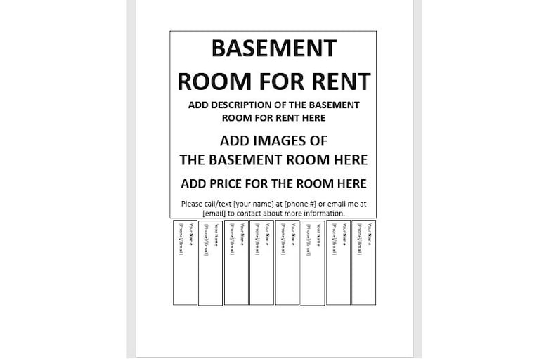Editable Basement Room for Rent Tear-off Flyer, Tear-off Flyer Template ...