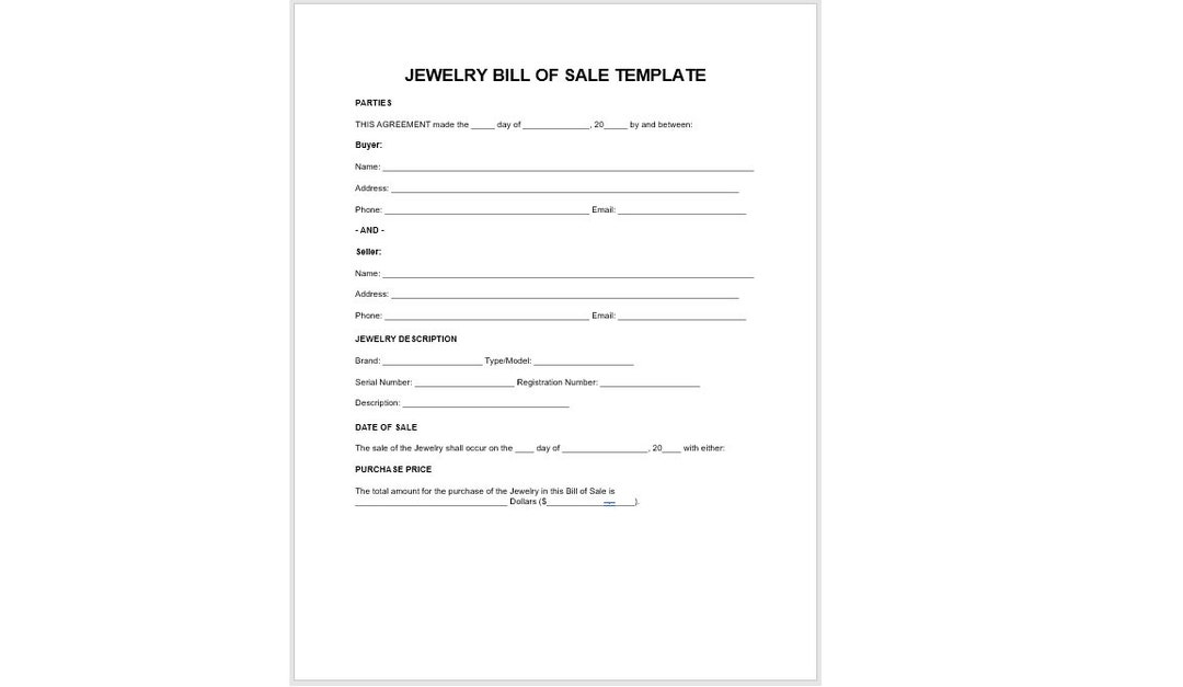 Editable Jewelry Bill of Sale Template, Editable Bill of Sale, Bill of ...