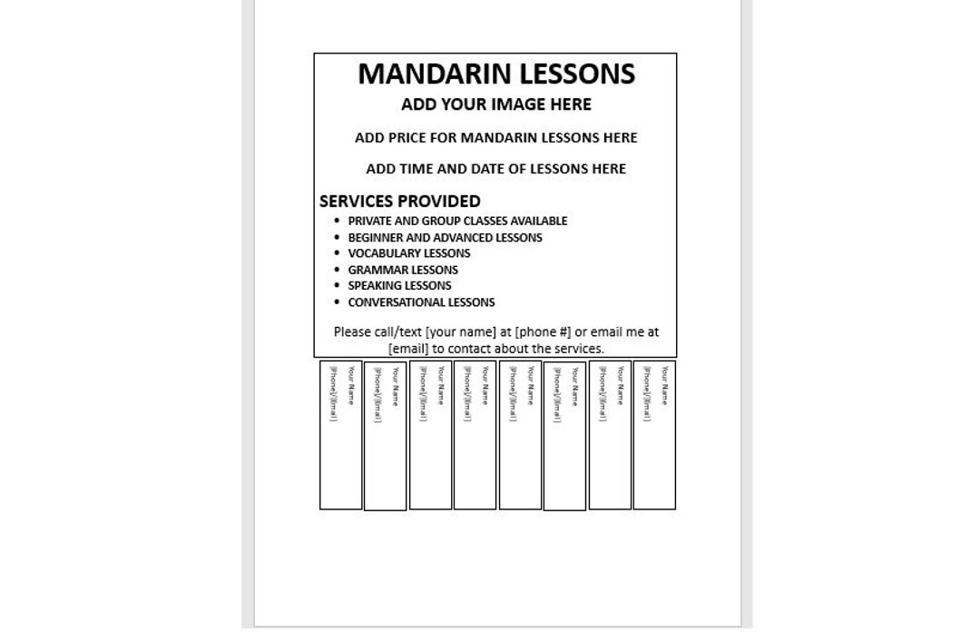 Editable Mandarin Lessons Tear-off Flyer, Tear-off Flyer Template ...