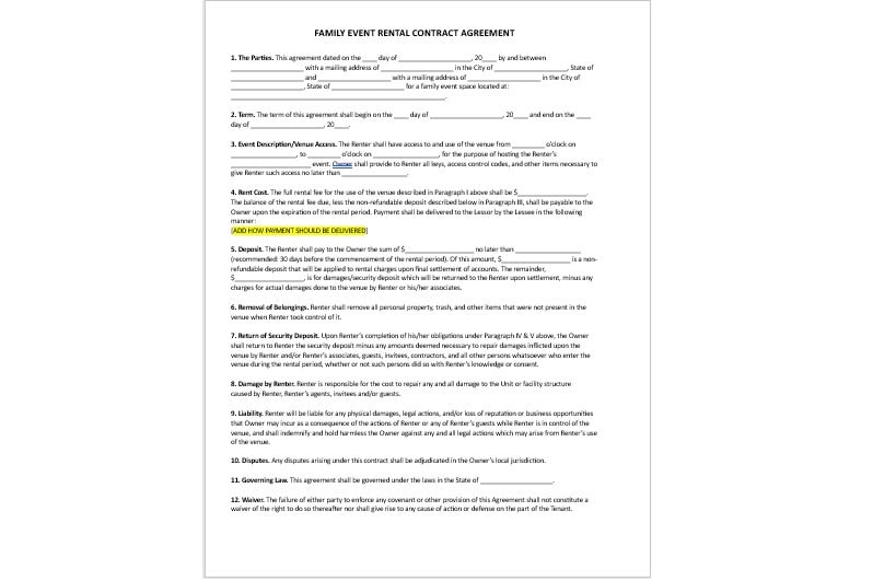 Family Event Space Rental Agreement, Family Event Rental Agreement ...