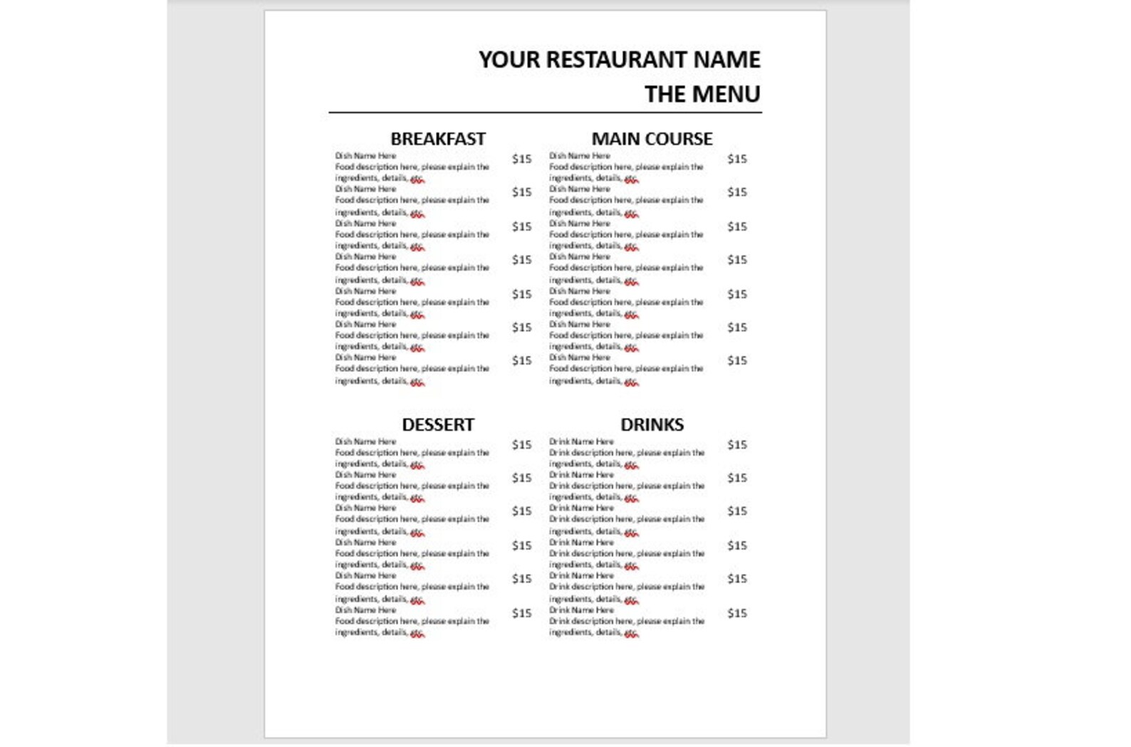 Editable Restaurant Menu, One Page Restaurant Menu, Editable Menu ...