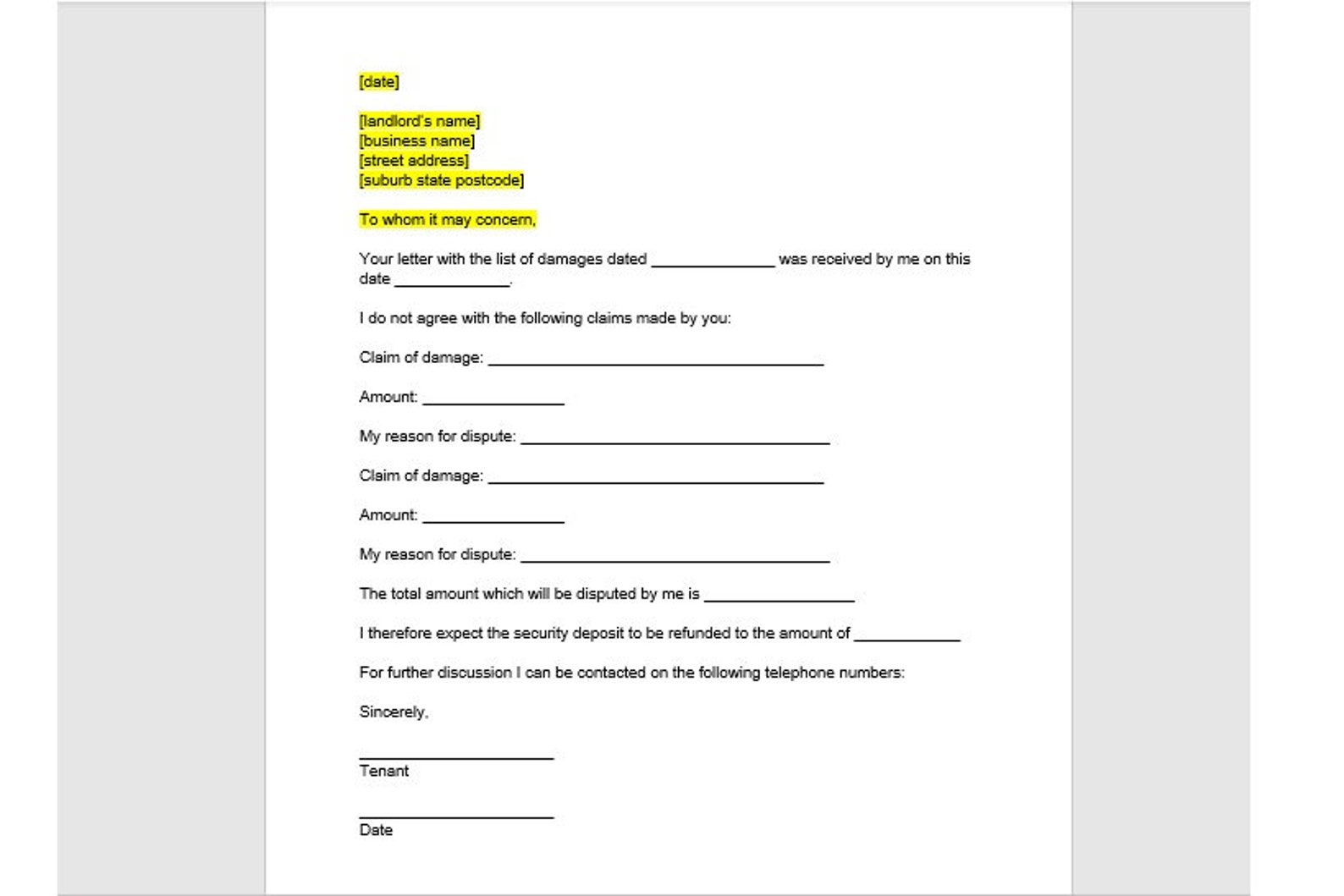Letter to Landlord to Dispute Damages Claimed Template, Damage Dispute ...