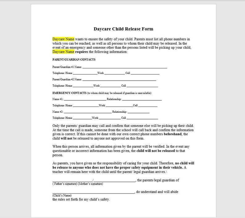 Daycare Child Release Form, Daycare Child Release Form Template, Child ...