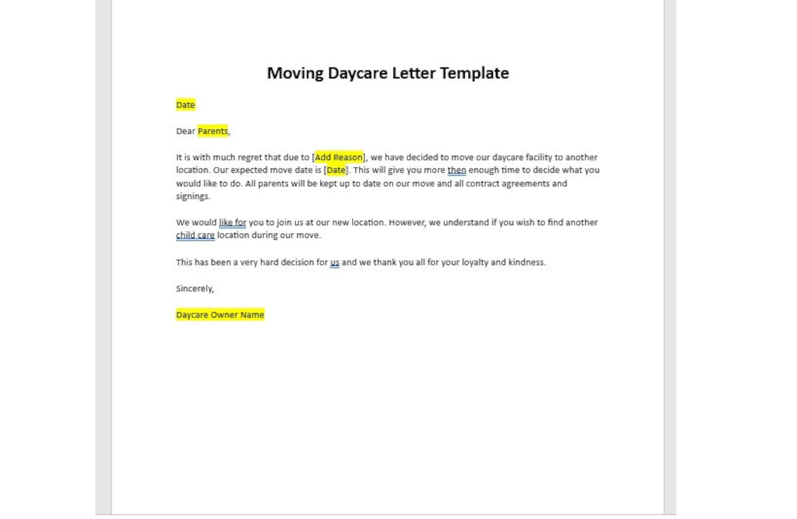 Daycare Moving Letter, Daycare Moving Letter Template, Moving Letter ...