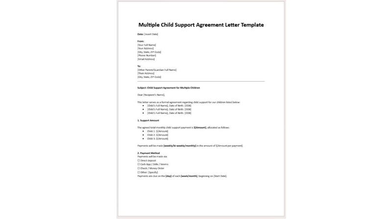 Multiple Child Support Agreement Letter Between Parents, Child Support ...
