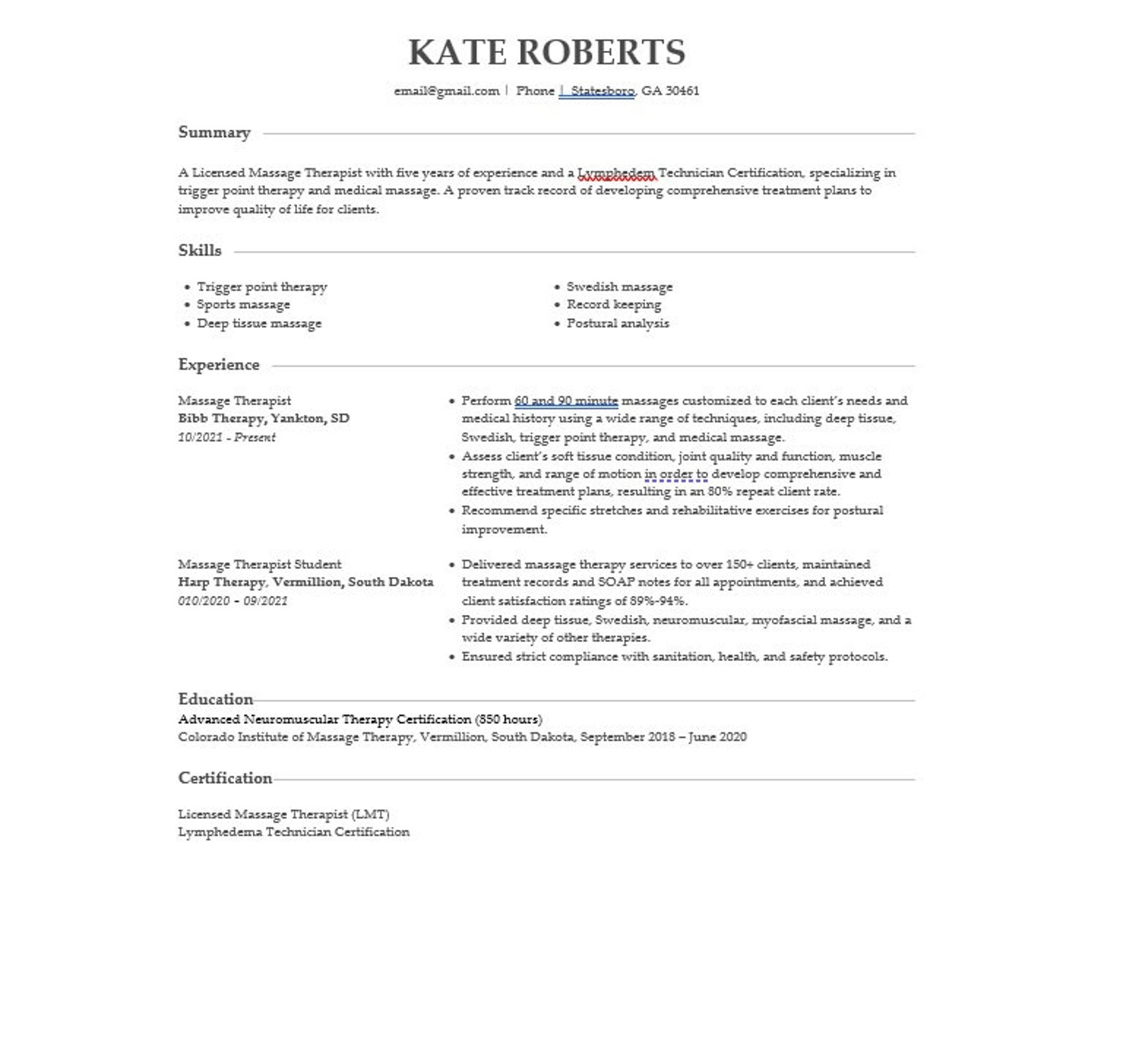 Massage Therapist Basic Resume Template Word Basic Resume and - Etsy