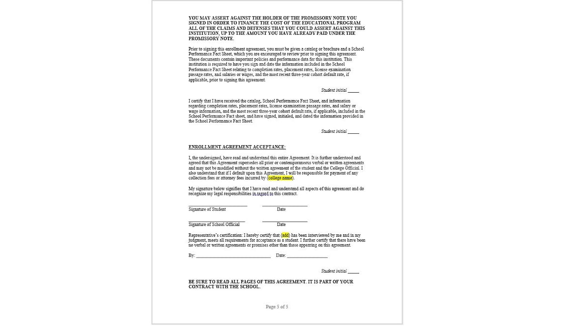 Editable Student Enrollment Agreement Template, Enrollment Agreement ...
