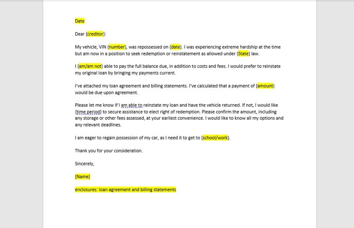 Car Repossession Appeal Letter, Car Repossession Appeal Letter Template ...
