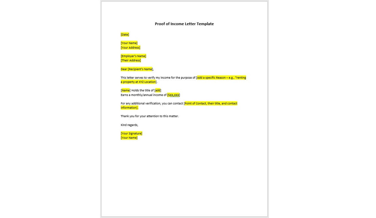 Proof of Income, Proof of Income Letter Template, Proof of Income ...