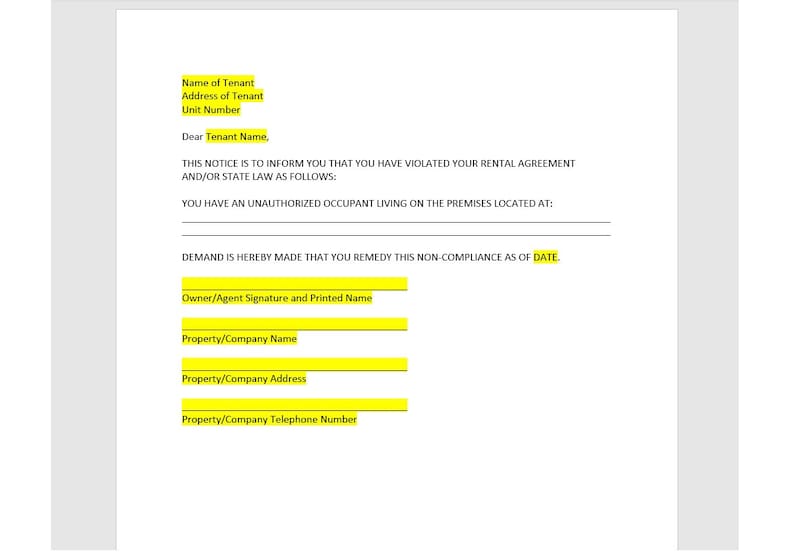 Landlord Unauthorized Occupant Notice, Unauthorized Occupant Notice ...