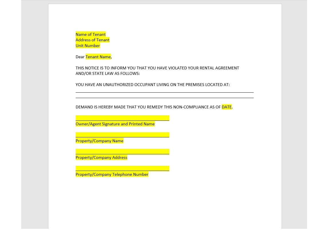 Landlord Unauthorized Occupant Notice, Unauthorized Occupant Notice ...