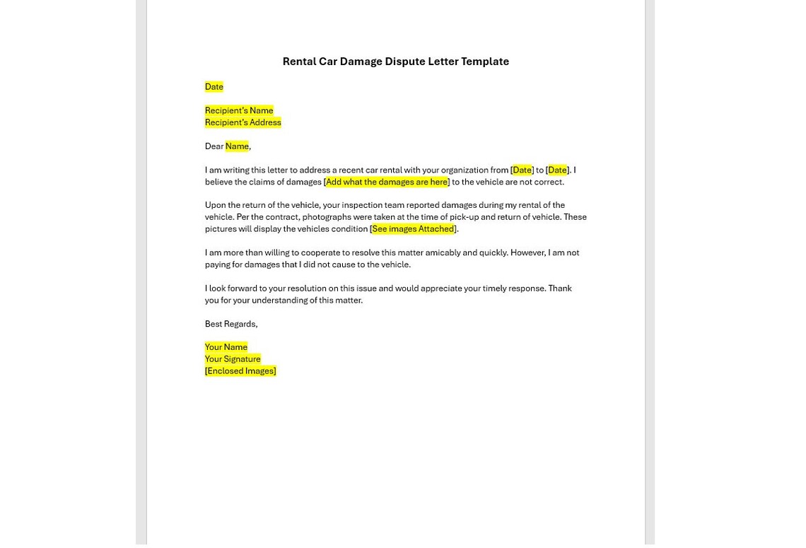 Rental Car Damage Dispute Letter Template, Rental Car Damage Dispute ...