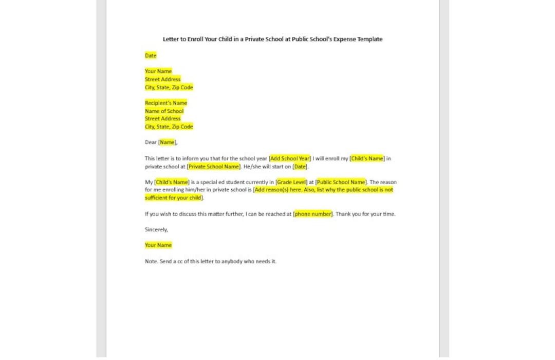 Letter to Enroll Your Child in a Private School at Public School's ...