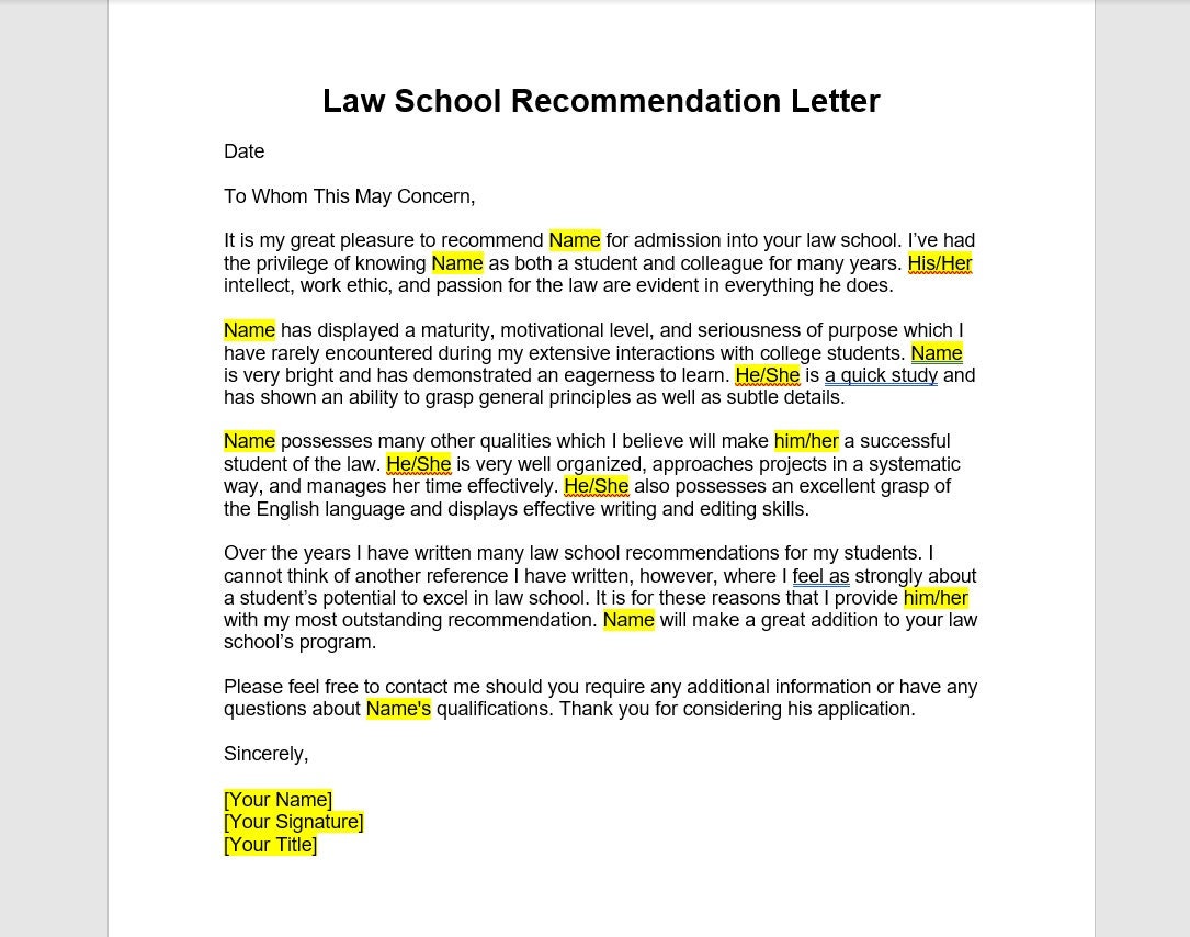 Law School Recommendation Letter Template, Law School Recommendation ...