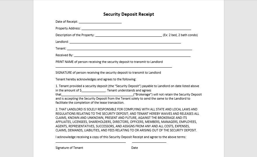 Security Deposit Receipt Form Template, Security Deposit Receipt Form ...