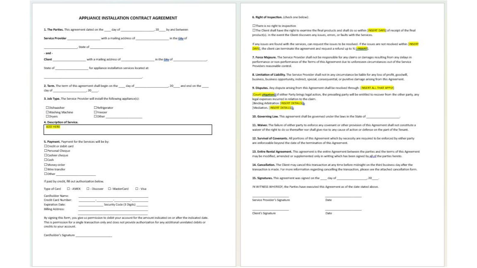 Editable Appliance Installation Contract, Appliance Installation ...