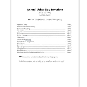 Church Usher Anniversary Program - Etsy