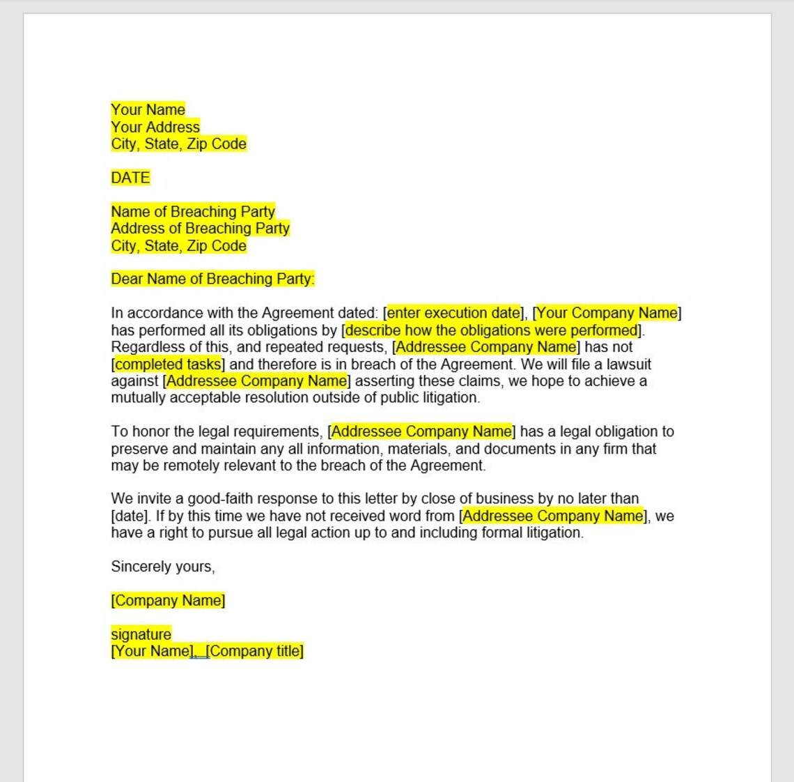 Breach of Contract Letter Template, Breach of Contract Letter, Breach ...