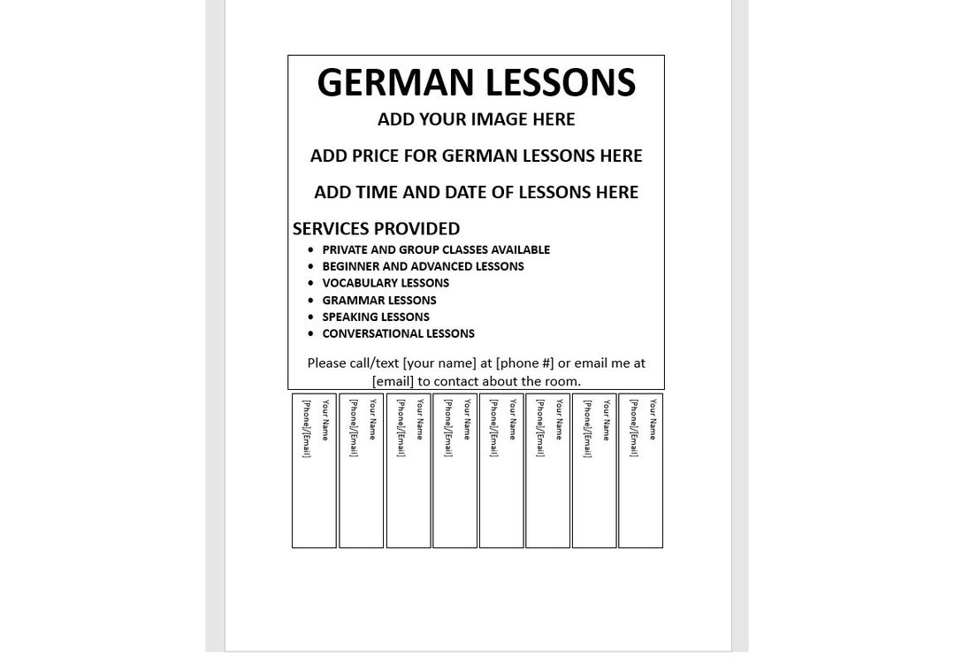 Editable German Lessons Tear-off Flyer, Tear-off Flyer Template, German ...