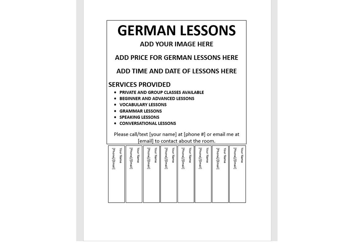 Editable German Lessons Tear-off Flyer, Tear-off Flyer Template, German ...