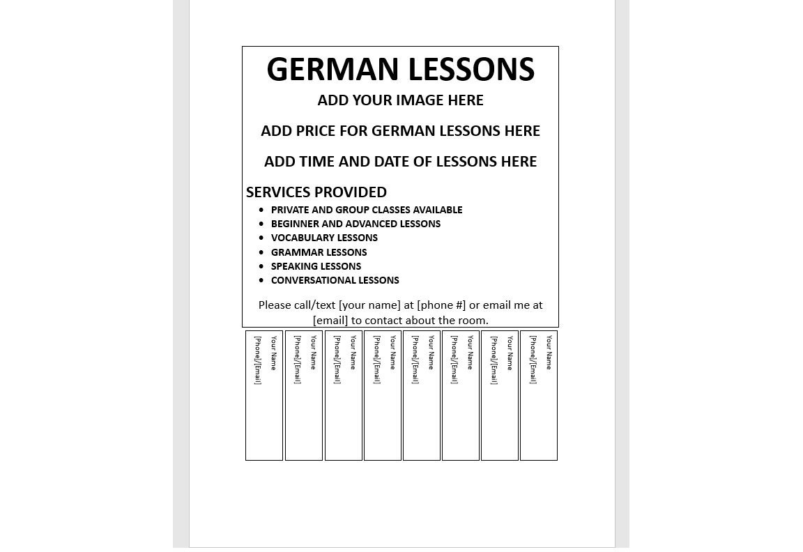 Editable German Lessons Tear-off Flyer, Tear-off Flyer Template, German ...
