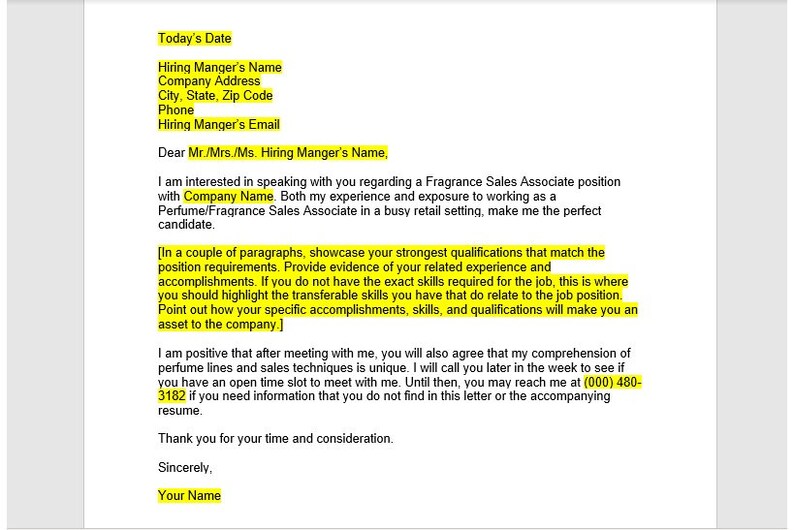 Fragrance Sales Associate Cover Letter, Cover Letter Template, Editable ...