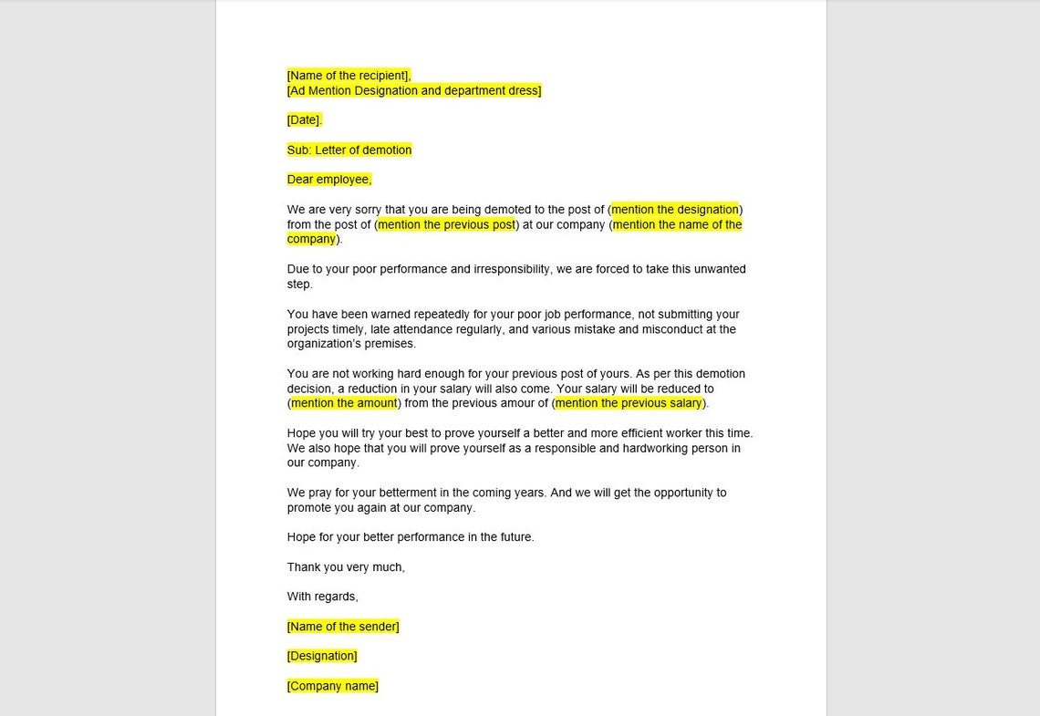 Letter of Demotion Template, Letter of Demotion, Demotion Letter ...