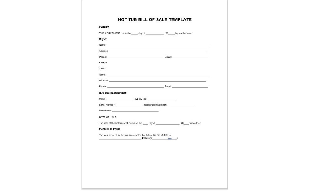 Editable Hot Tub Bill of Sale Template, Editable Bill of Sale, Bill of ...