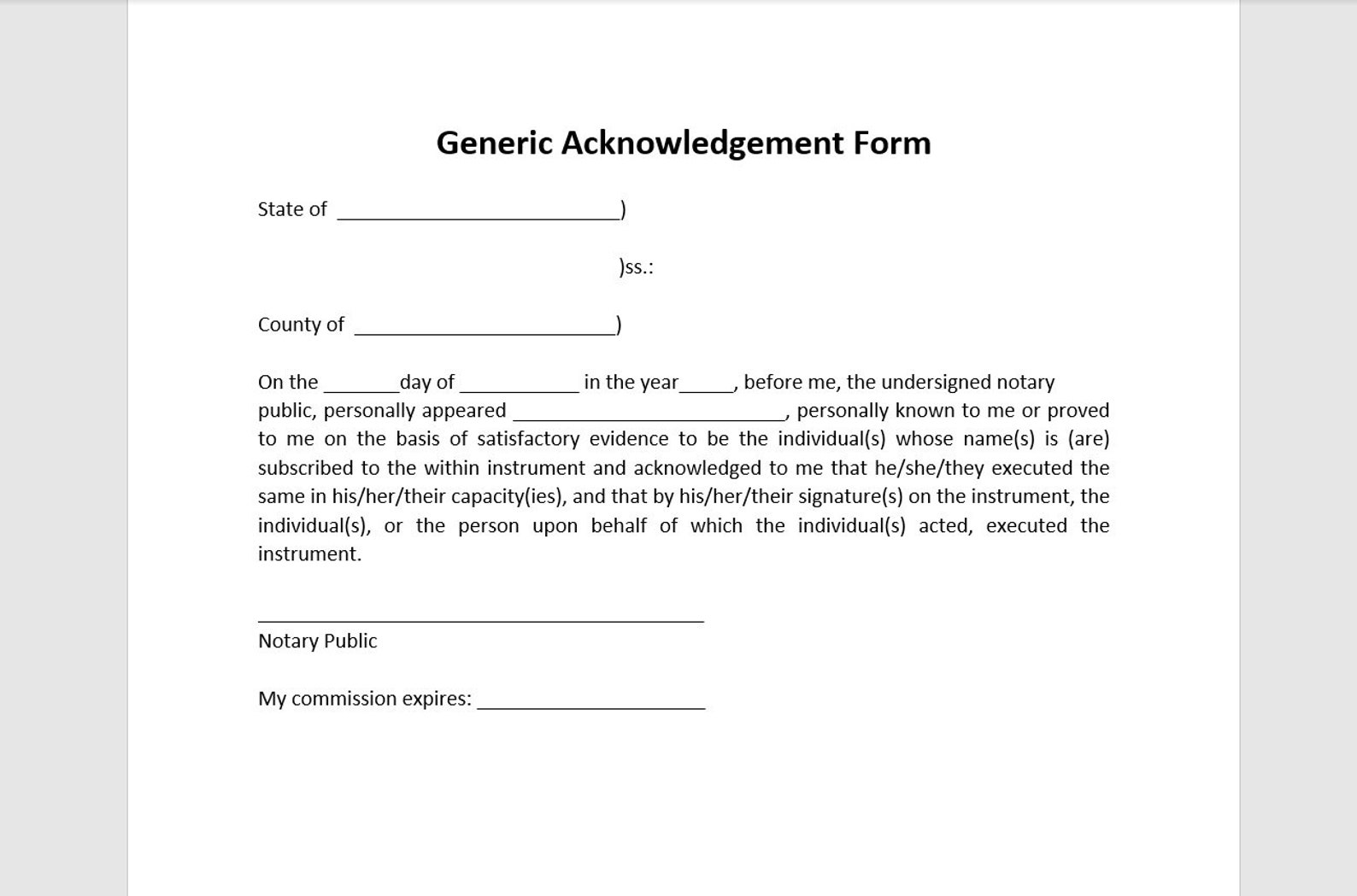 Generic Acknowledgement Form, Generic Acknowledgement Form Template ...