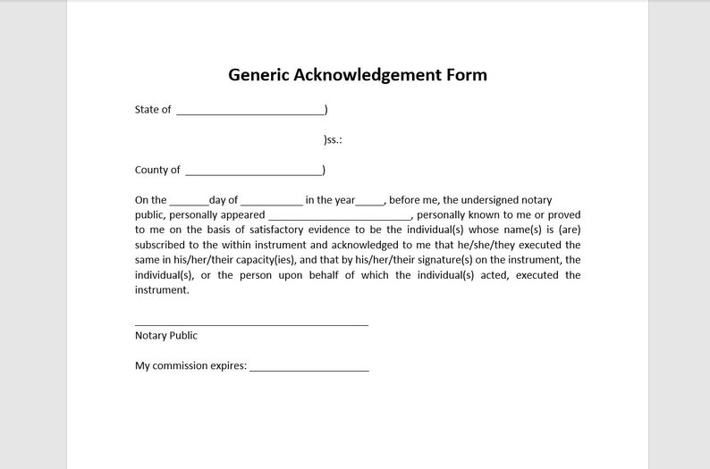 Generic Acknowledgement Form, Generic Acknowledgement Form Template ...